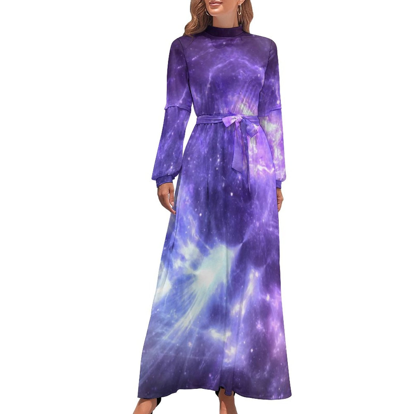 Galaxy Sky Print Dress Long Sleeve Solar System Vintage Maxi Dress High ...