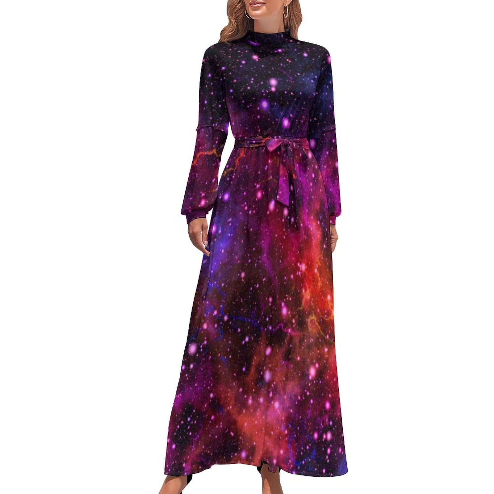 Galaxy Sky Print Dress Long Sleeve Solar System Vintage Maxi Dress High ...