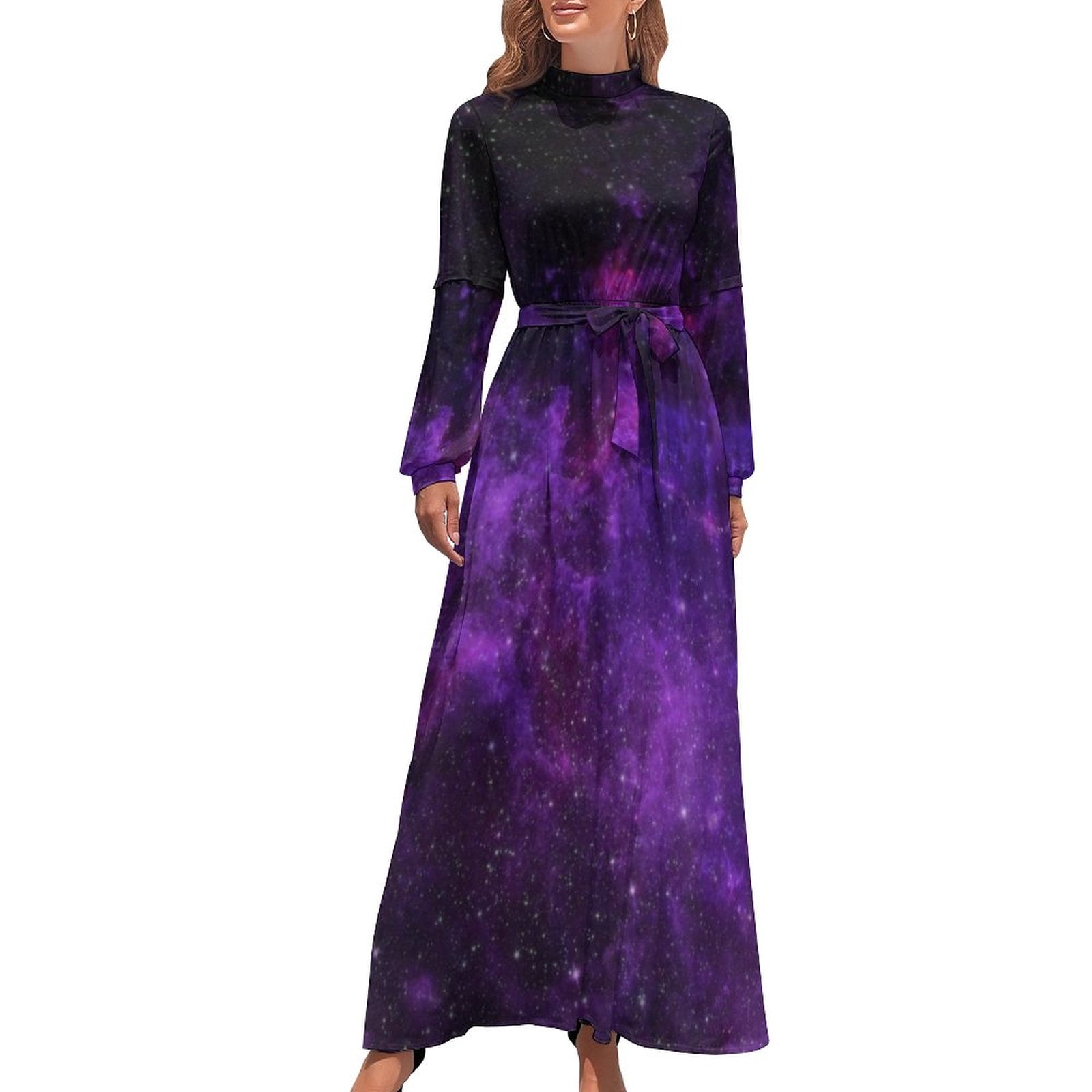 Galaxy Sky Print Dress Long Sleeve Solar System Vintage Maxi Dress High ...
