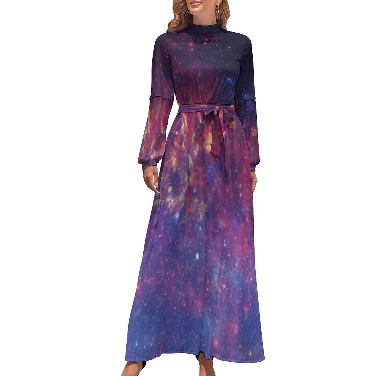 Galaxy Sky Print Dress Long Sleeve Solar System Vintage Maxi Dress High ...