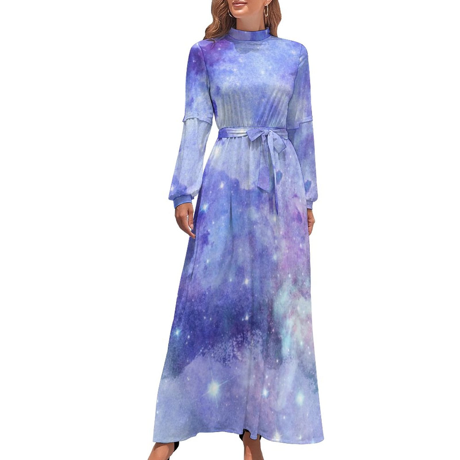 Galaxy Sky Print Dress Long Sleeve Solar System Vintage Maxi Dress High ...