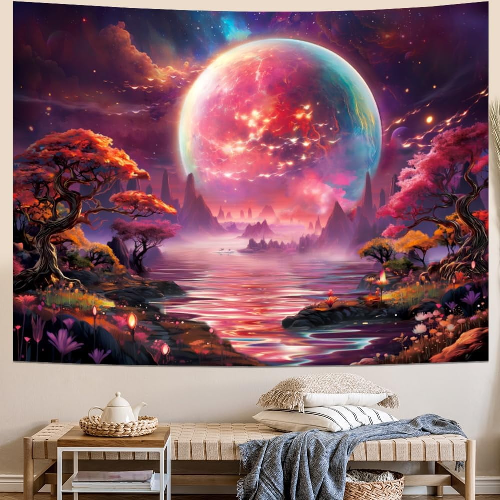 Galaxy Space Tapestry Pink Planet Tapestry Fantasy Forest Mountain Wall ...
