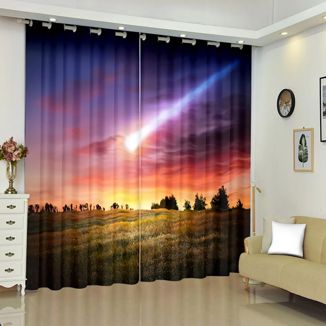 Galaxy Sun Moon Curtain Abstract Landscape Island Polyester Pongee ...