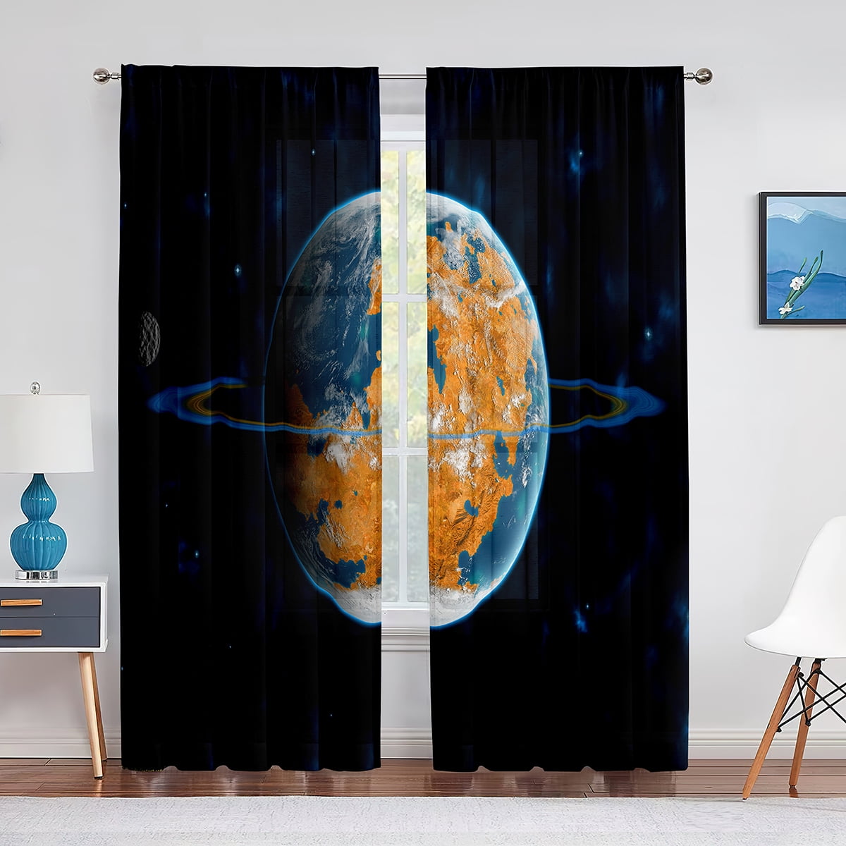 Galaxy Tulle Curtains Blue Red Planets Orbital Ring Stars Outer Space Sheer Voile Curtain for ...