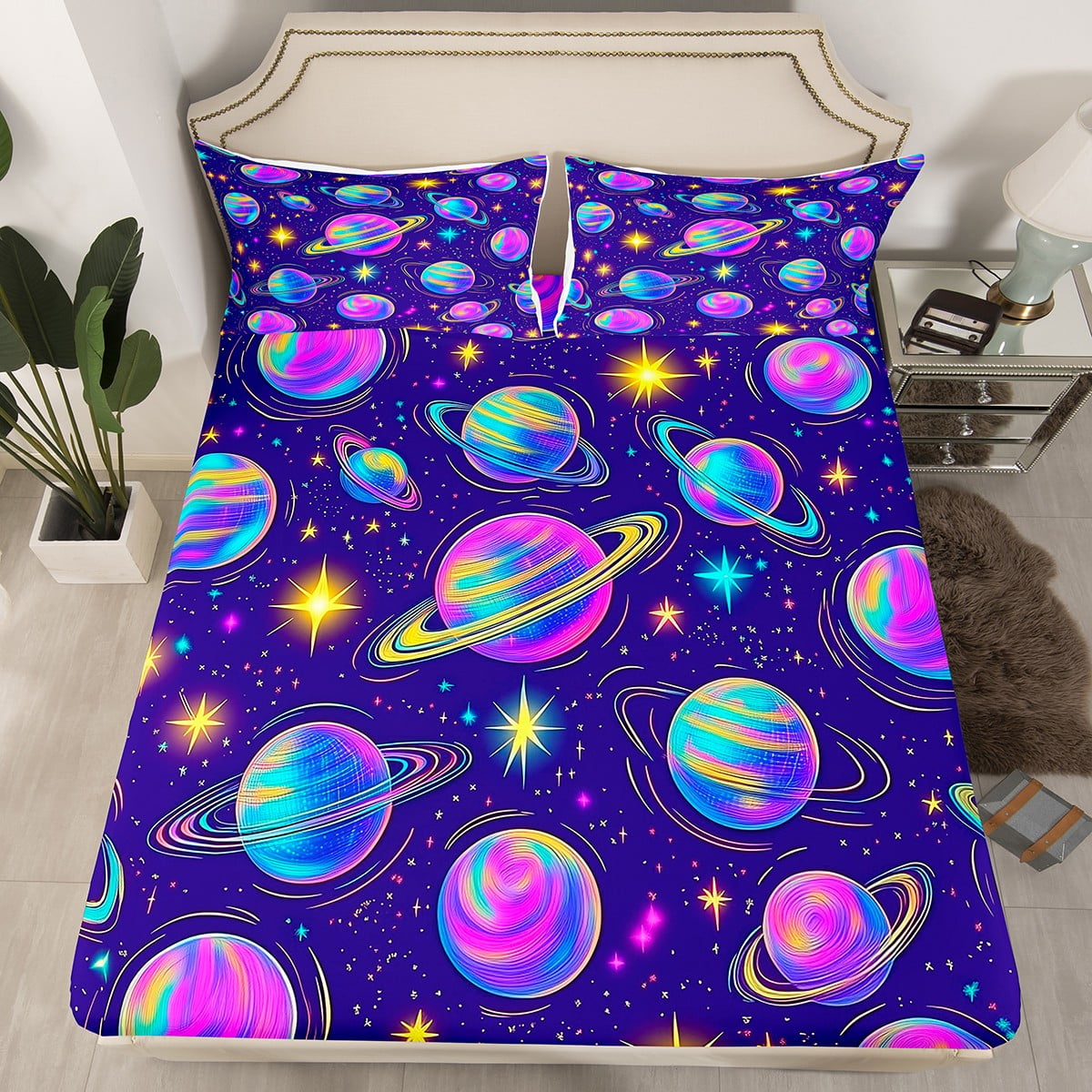 Galaxy Twin Size Bed Sheets Starry Sky Print Fitted Sheet Outer Space ...