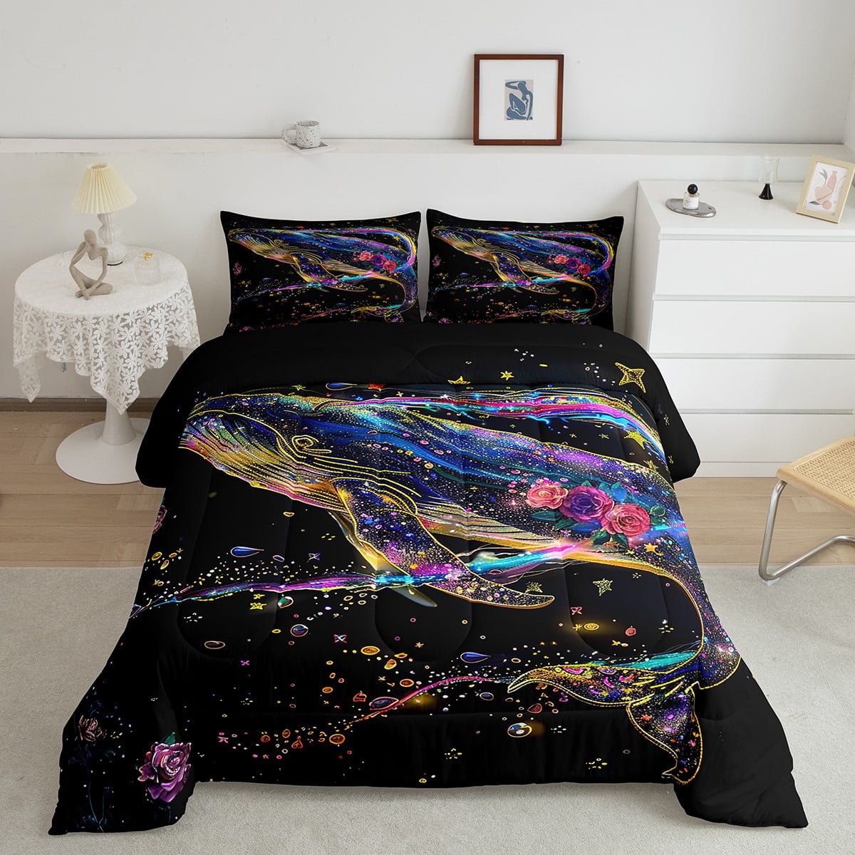 Galaxy Whale Bedding Sets Twin Size,Magical Ocean Animals Comforter Set ...