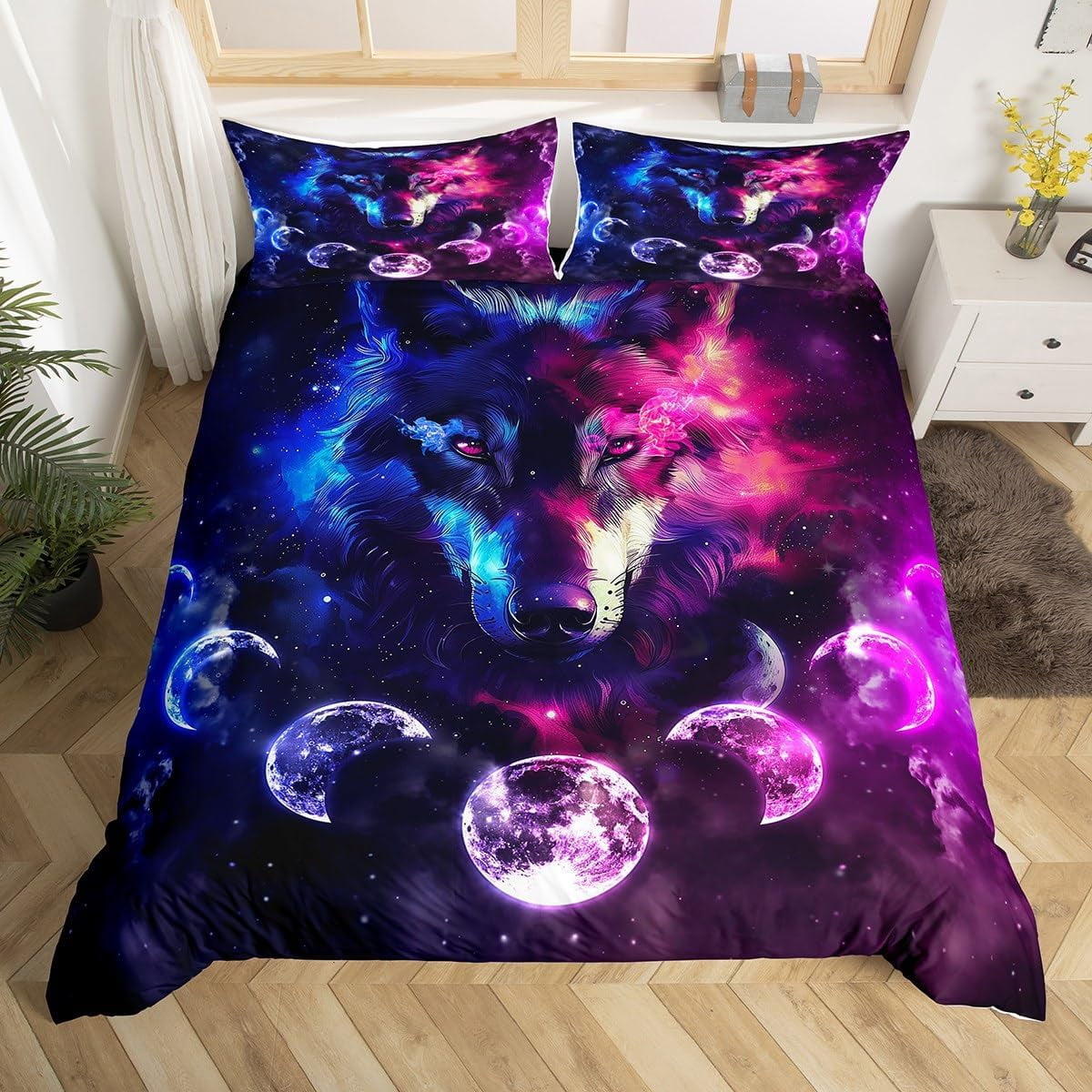 Galaxy Wolf Duvet Cover,Pink Blue Starry Sky Moon Bedding Set for Girls ...