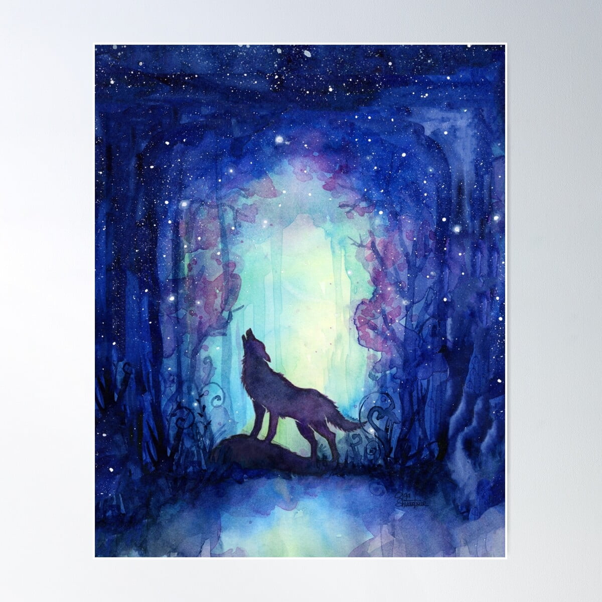 Galaxy Wolf Howling In Forest Poster Wall Art, Modern Wall Decor For ...