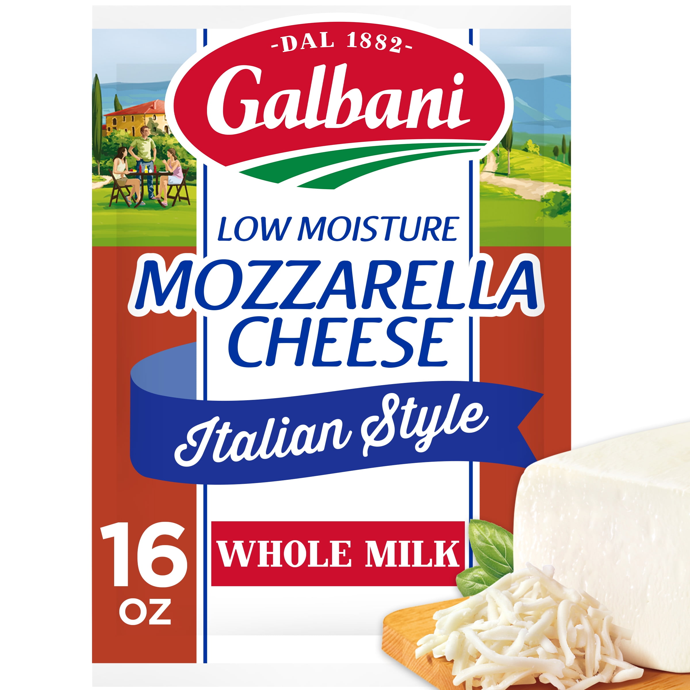 Galbani Whole Milk Low Moisture Mozzarella Cheese Block 16 oz, Italian ...