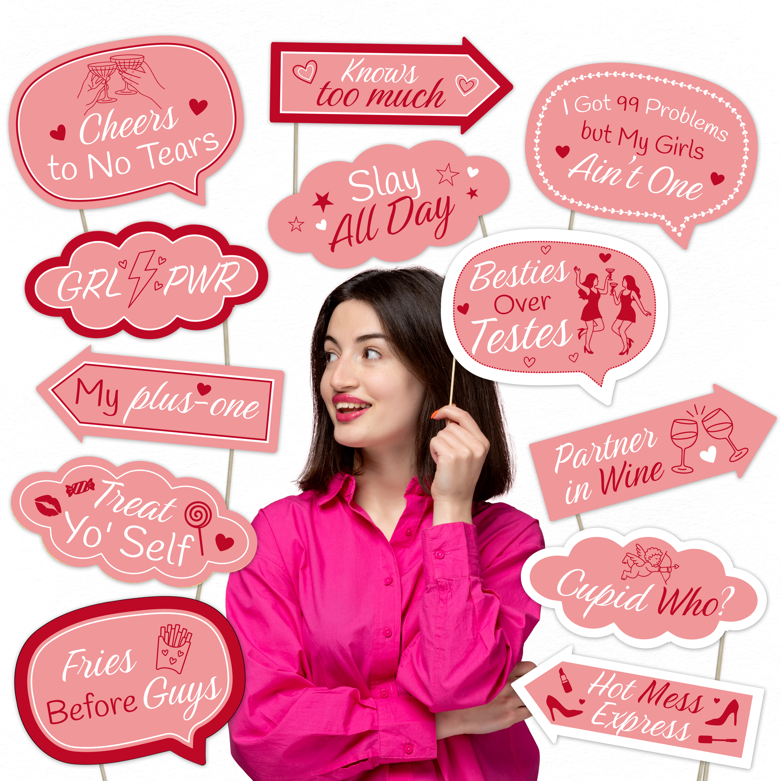 Galentine’s Day Photo Booth Props Pack – 12pcs Pink Party Decoration ...