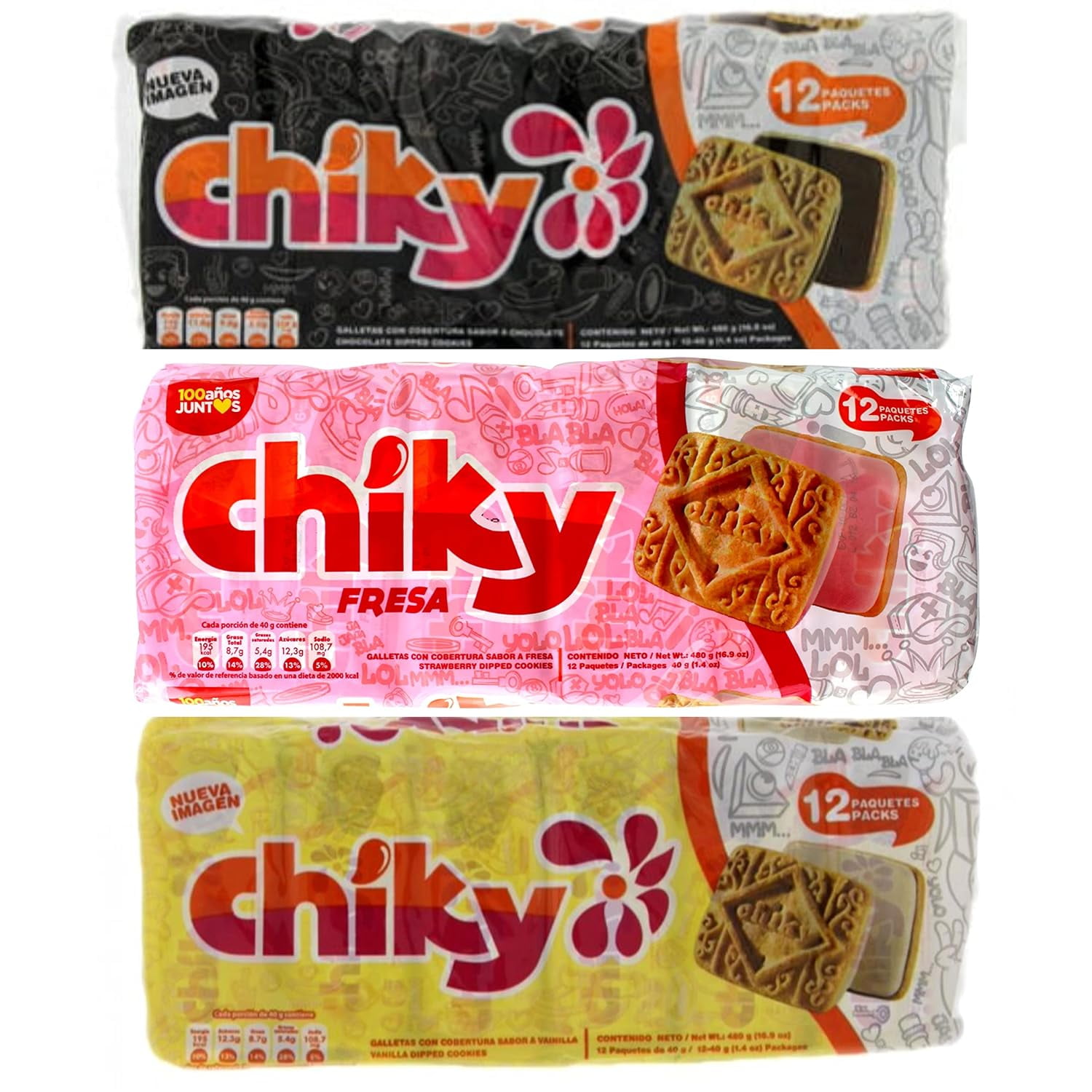 Galletas Chiky 3 Pack Sabor Chocolate, Fresa, Vainilla (36 Unidades ...