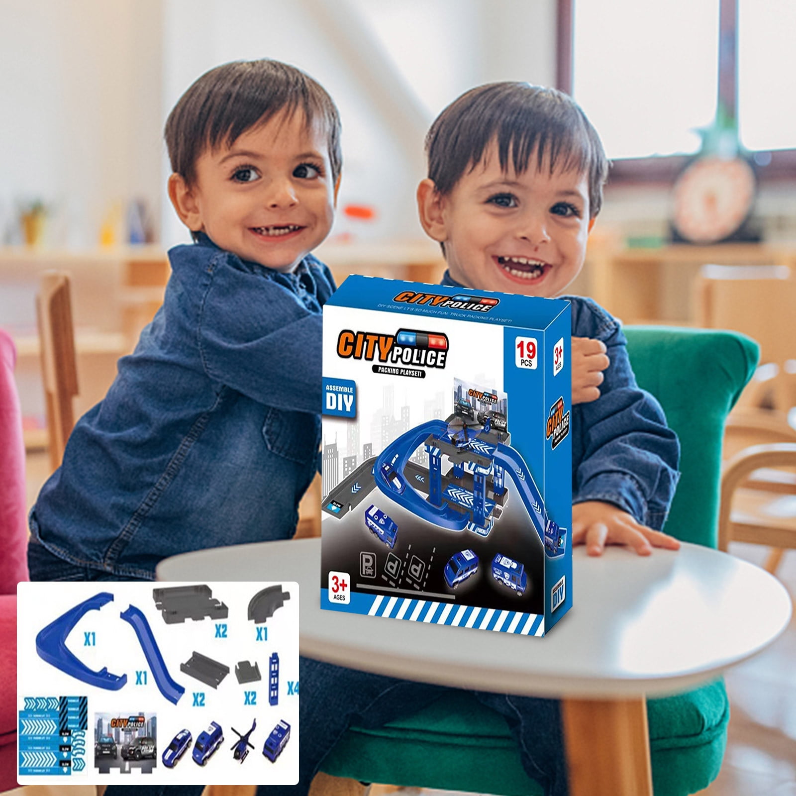 Gallickan City Police Car Packing Playset, Car Track Toys Sets Garage ...