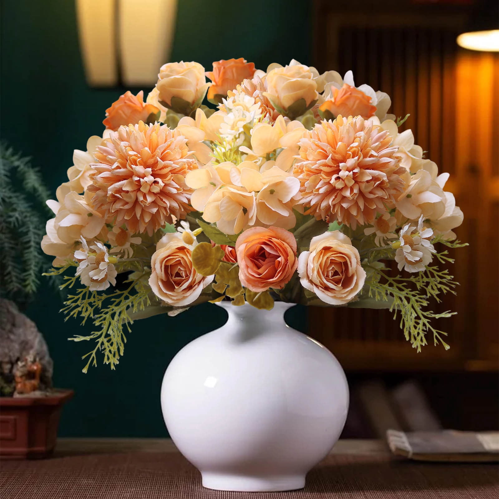 Gallickan Fake Flowers, 7 Stems Hydrangea Rose Chamomile Arrangement ...
