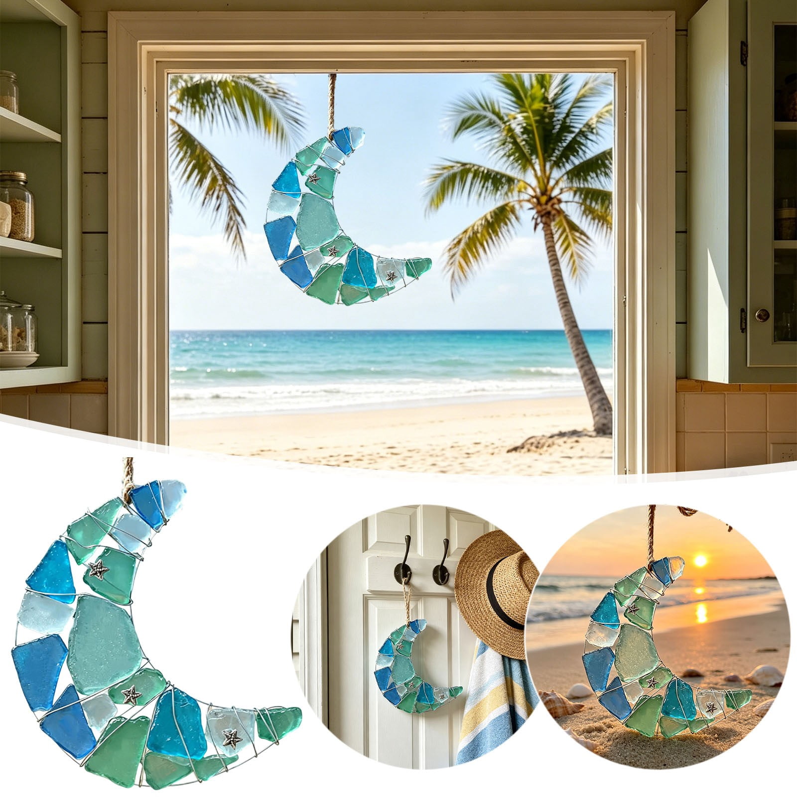 Gallickan Handmade Crescent Star Sea Glass Window Hanging Ornament, Art ...