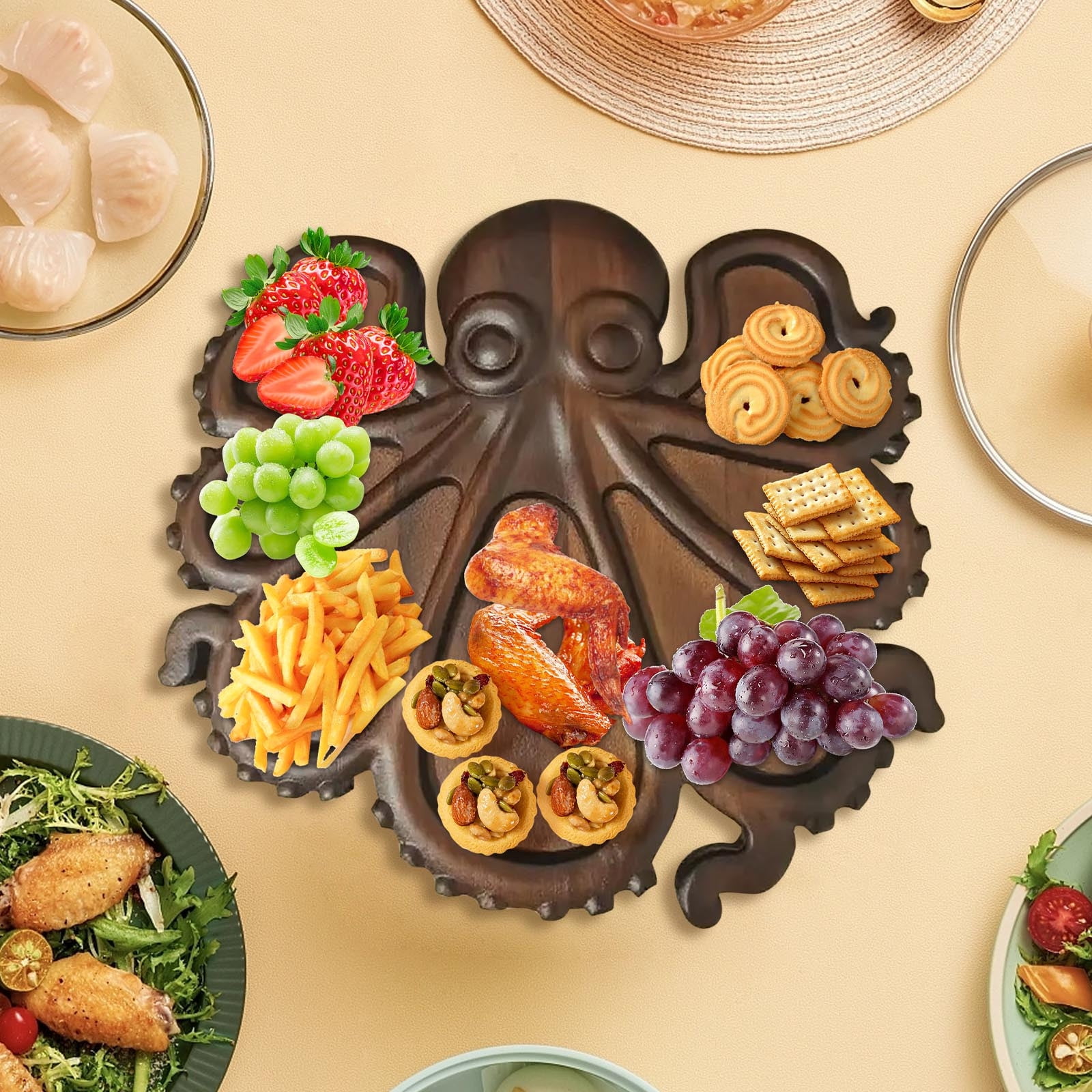 Gallickan Octopus Serving Platter, Redwood Tray For Cold Cuts Snacks ...