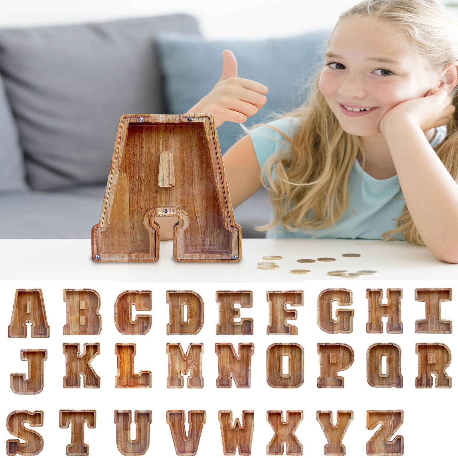 Gallickan Piggy Banks for Kids Boys Girls, Wooden Letter Piggy Bank ...