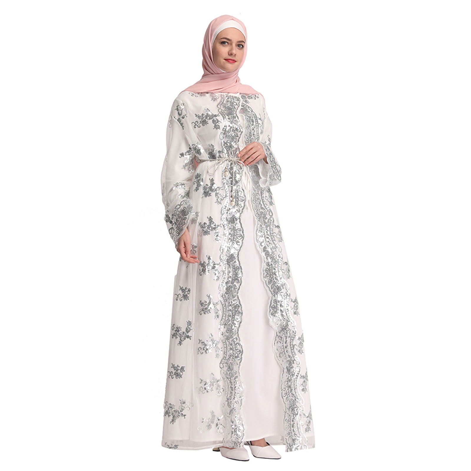 Elainilye Women Clothing Muslim Lace Sequin Cardigan Maxi Dress Kimono ...