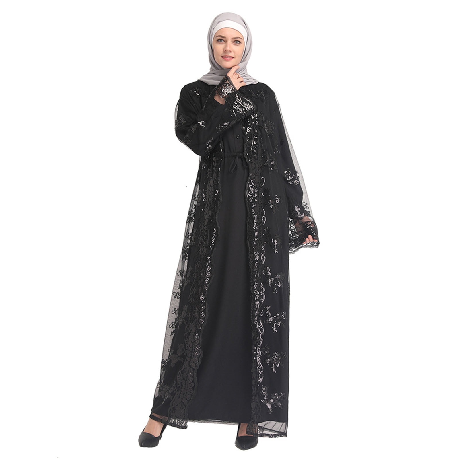 Elainilye Women Clothing Muslim Lace Sequin Cardigan Maxi Dress Kimono ...