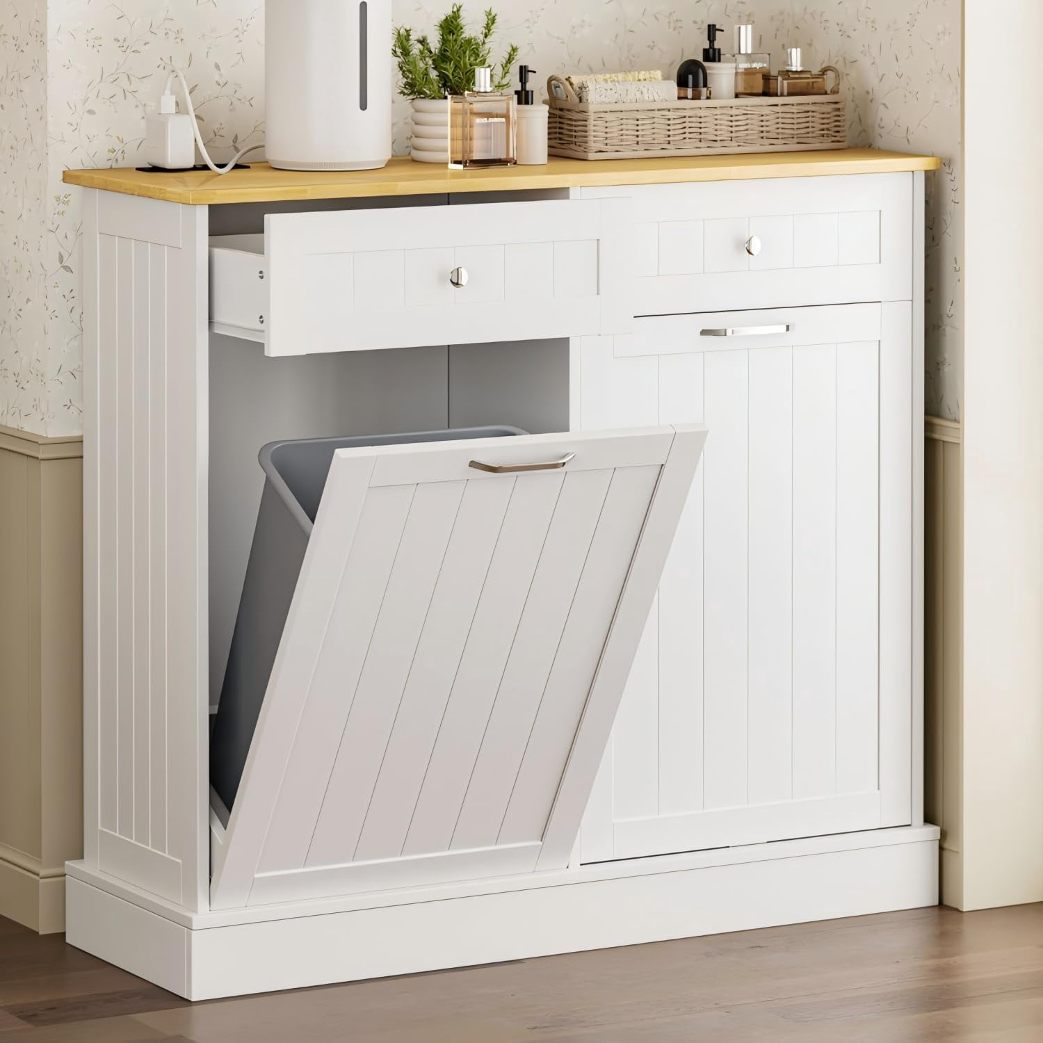 Gallon Double Tilt Out Wooden Trash Cabinet with Charging Station ...