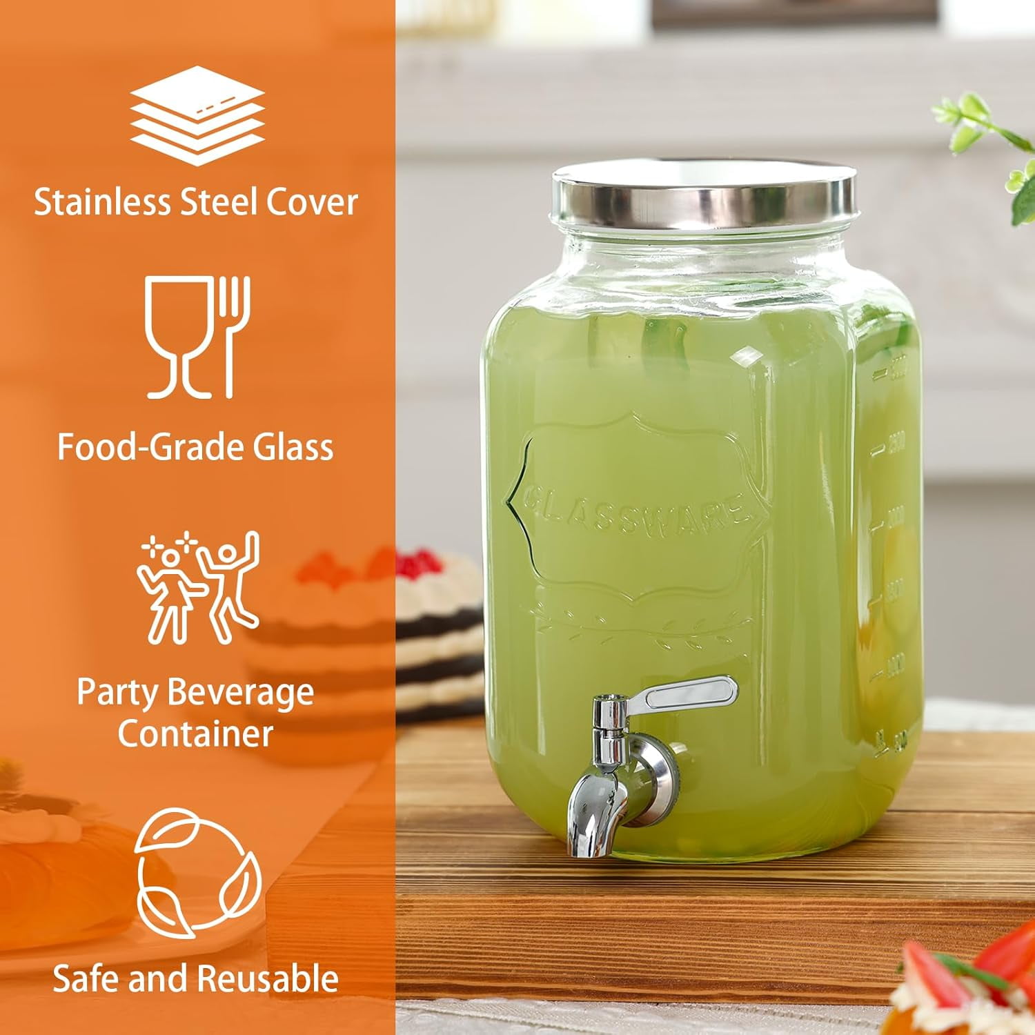 Gallon Glass Drinks Dispenser for Parties, Beverage Dispenser for Juice ...