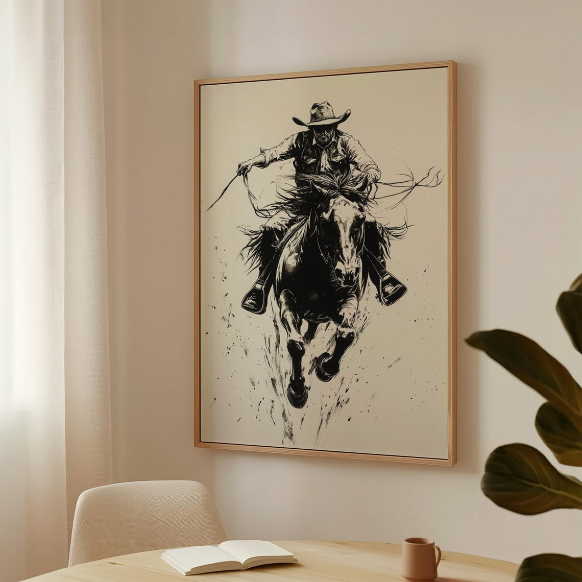 Galloping Cowboy Wall Art - Black And White Western Print - Rustic Horseback Rider Illustration ...