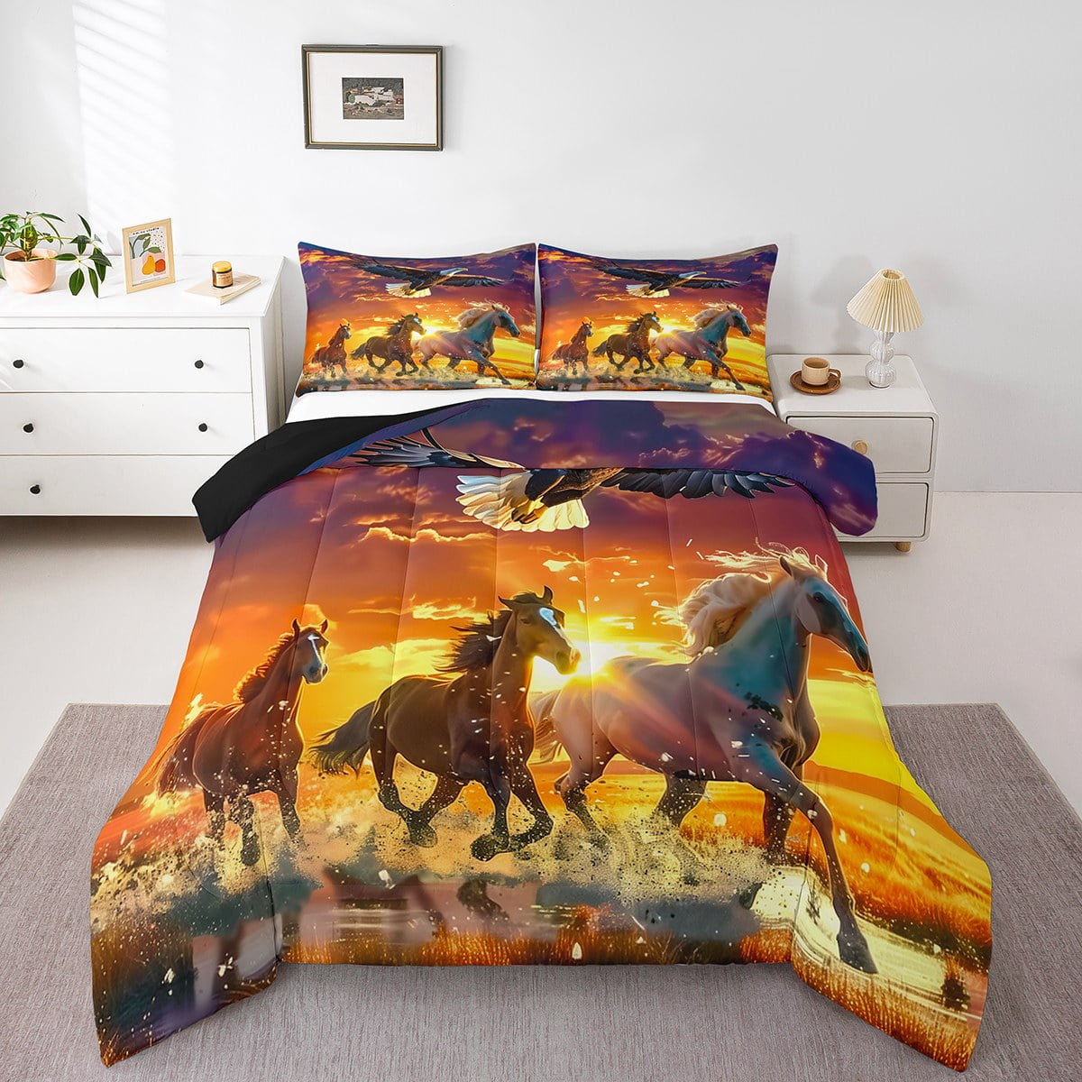 Galloping Horse Comforter Set,Flying Eagle Sunset Seaside Bedding Set ...