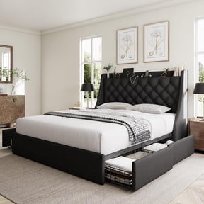 Honfach Full Bed Frame with 4 Storage Drawers, Upholstered Storage Bed ...