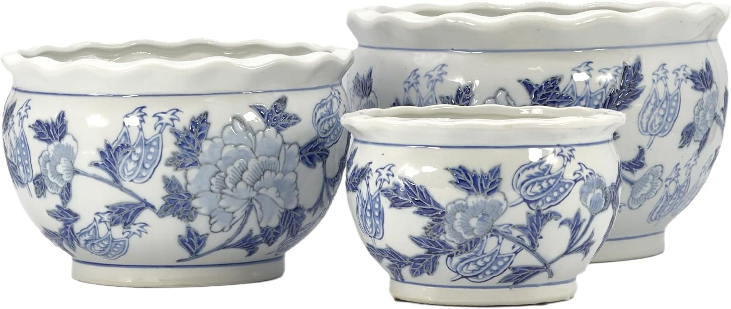 Galt International Blue & White Round Floral Porcelain Ceramic Plant ...