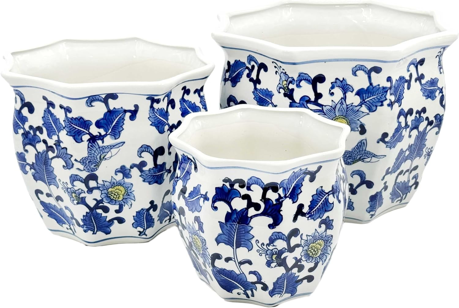 Galt International Blue & White w/Yellow Accent Round Fluted Floral ...