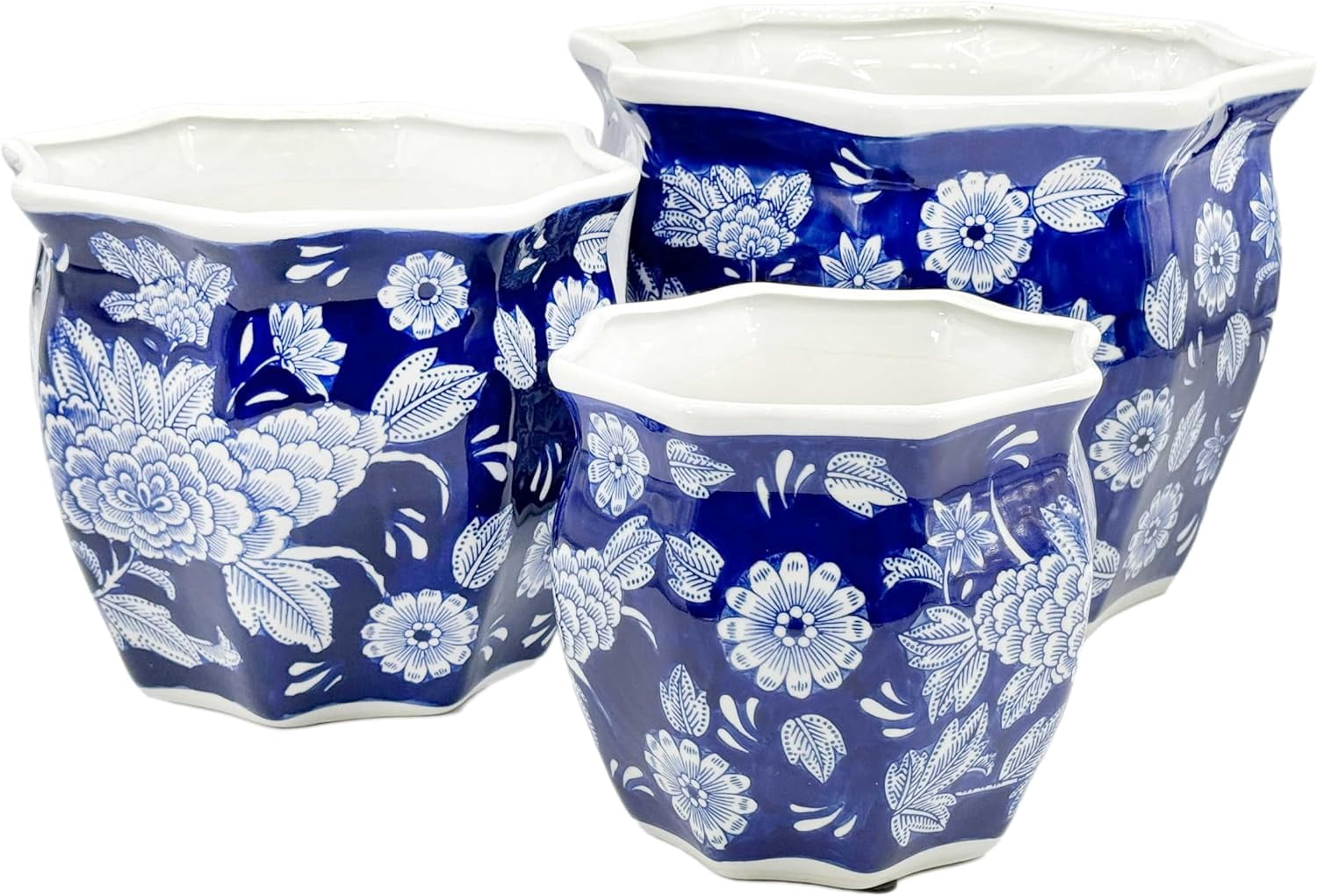 Galt International Dark Blue & White Round Fluted Floral Porcelain ...