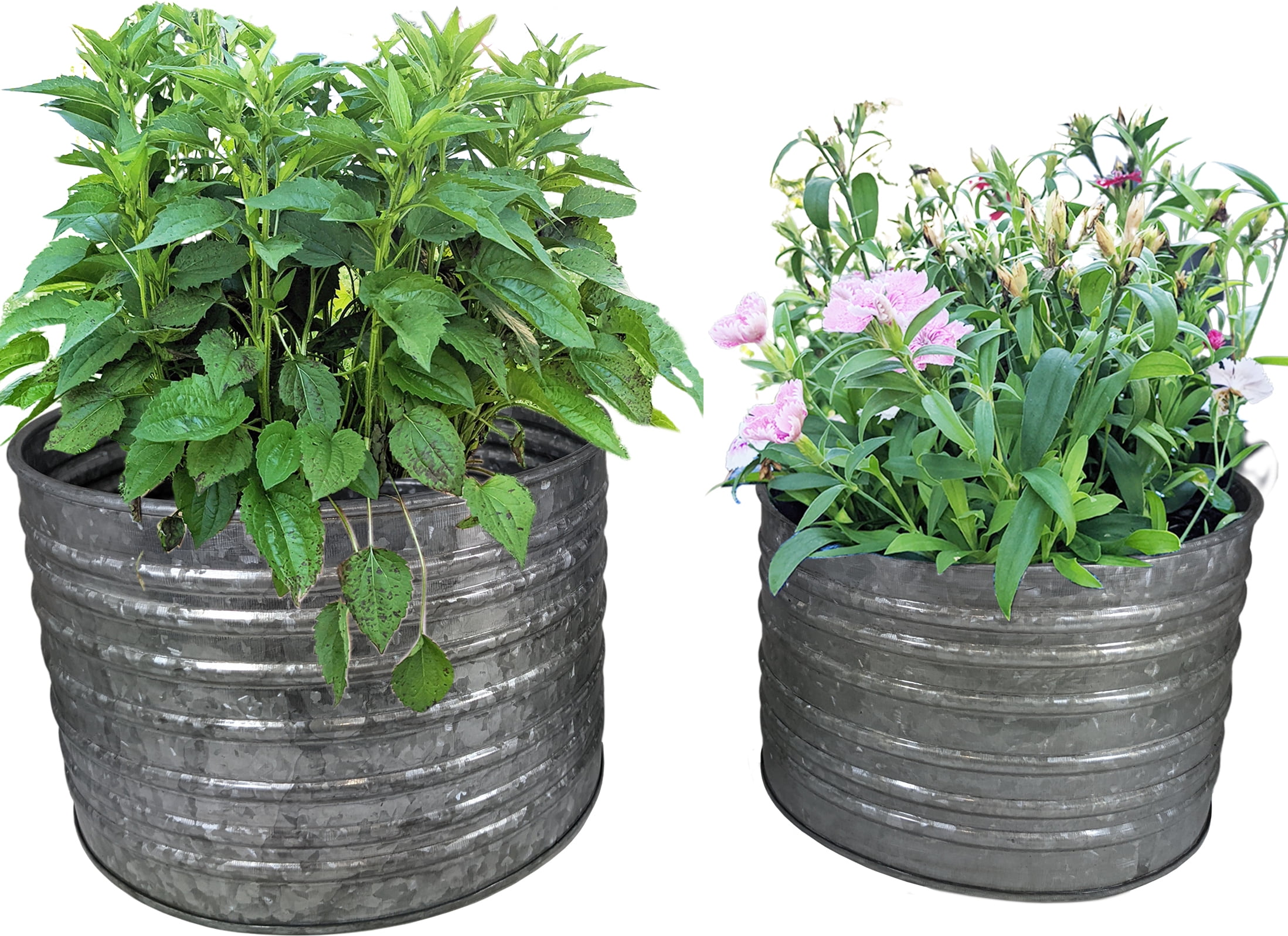 Rustic Galvanized Metal Flower Pots - Set of 2, Small & Large Planters ...