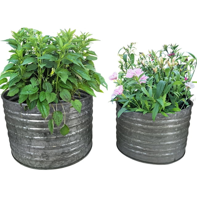 Rustic Galvanized Metal Flower Pots - Set of 2, Small & Large Planters ...