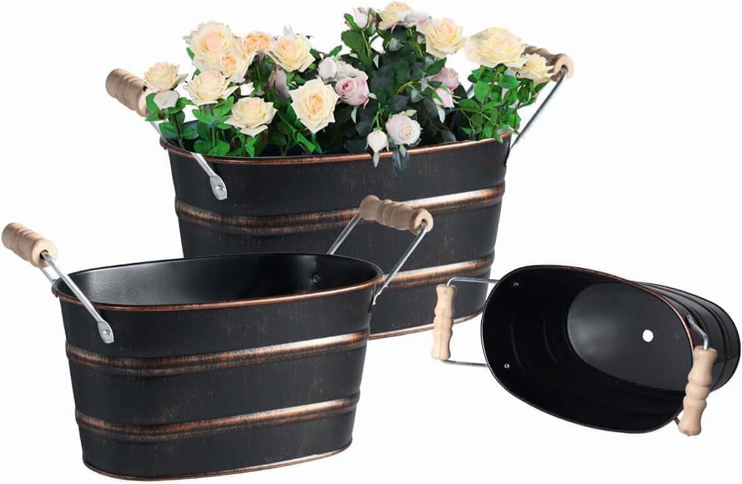 Galvanized Metal Oval Planter Buckets with Handles – Set of 3 Rustic ...