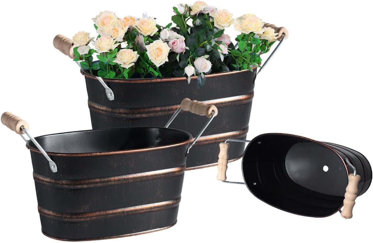 Galvanized Metal Oval Planter Buckets with Handles – Set of 3 Rustic ...