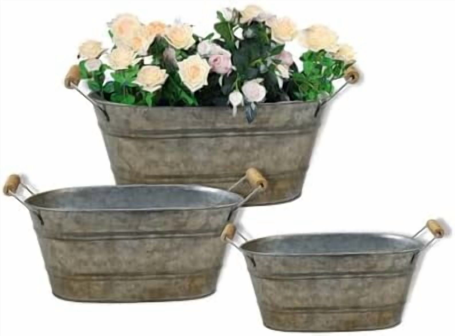 Galvanized Metal Oval Planter Buckets with Handles – Set of 3 Rustic ...