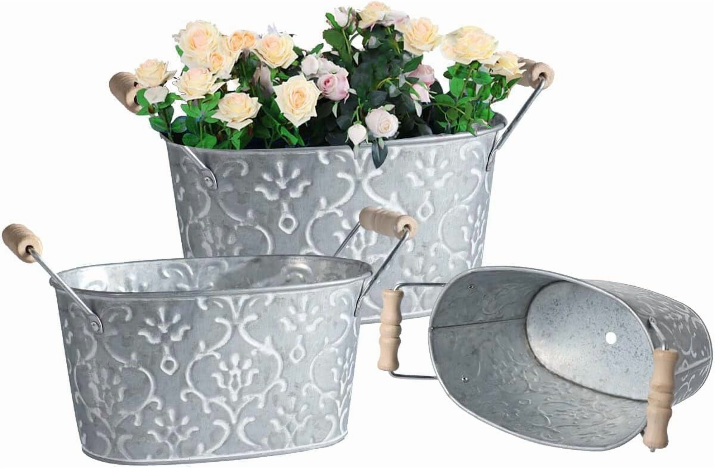 Galvanized Metal Oval Planter Buckets with Handles – Set of 3 Rustic ...