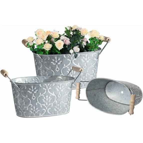 Galvanized Metal Oval Planter Buckets with Handles – Set of 3 Rustic ...