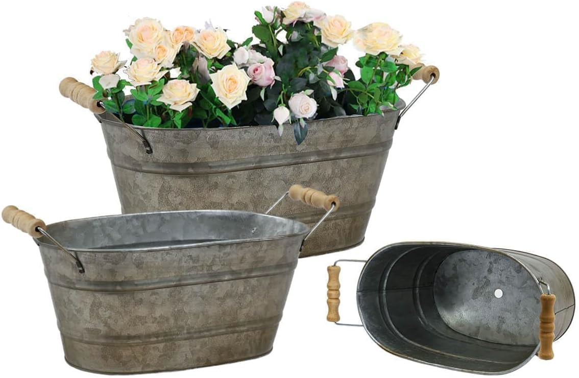 Galvanized Metal Oval Planter Buckets with Handles – Set of 3 Rustic ...