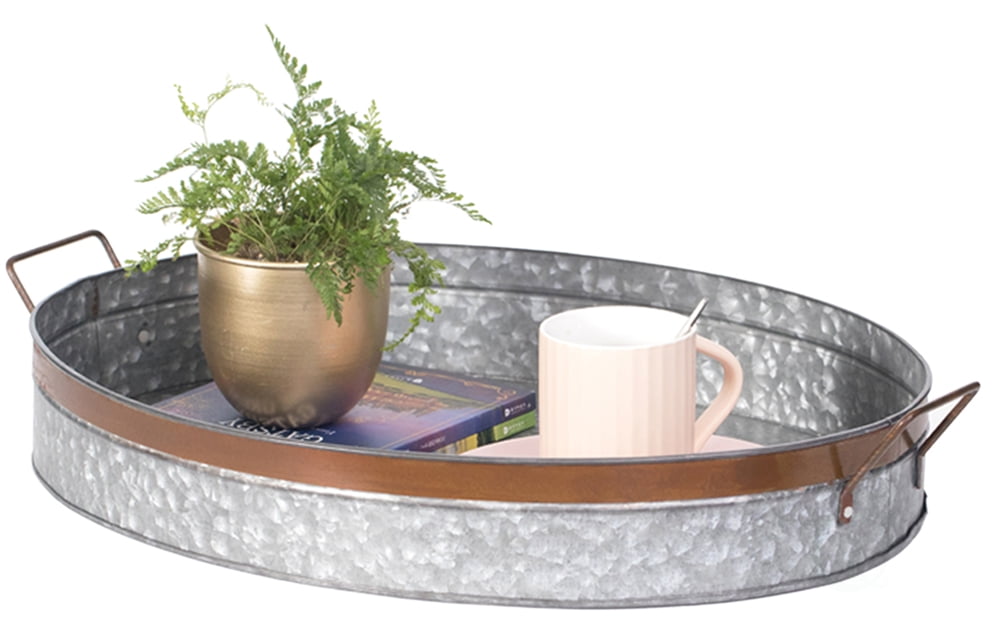 Galvanized Metal Oval Rustic Serving Tray With Handles, Medium ...