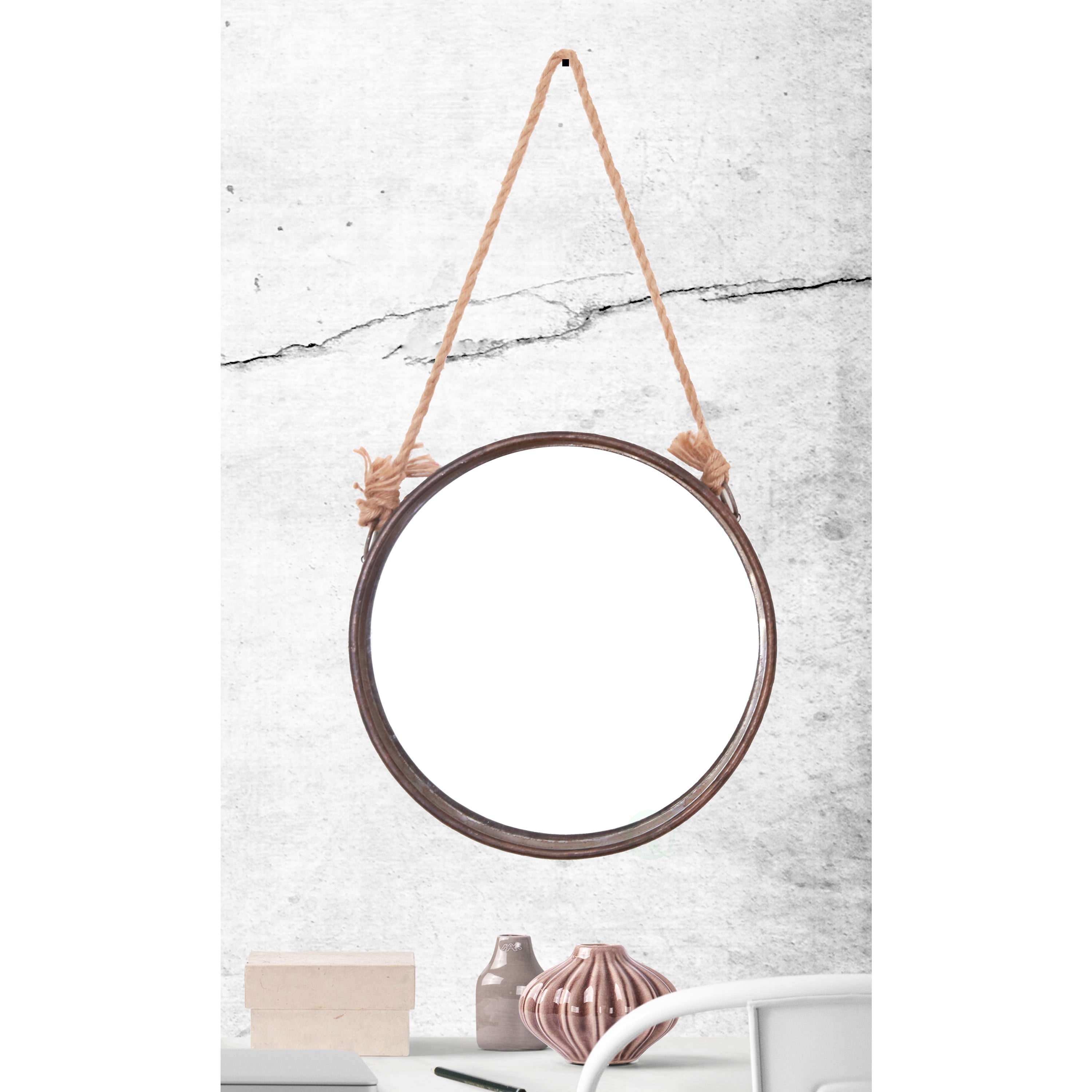 Galvanized Metal Round Faux Rust Framed Wall Mirror with Rope - Walmart.com