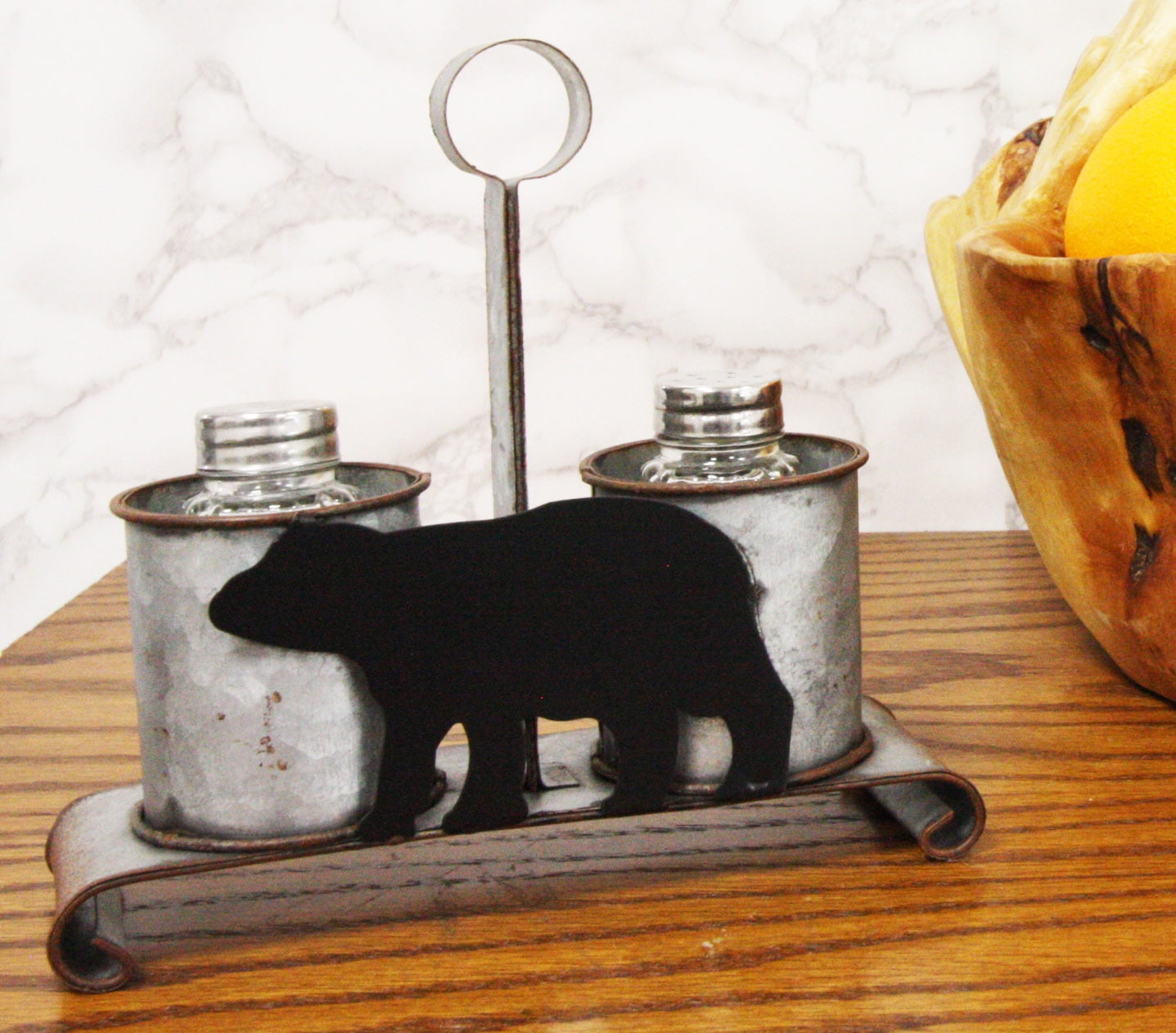 Galvanized Metal Western Rustic Black Bear Salt & Pepper Shakers Holder ...