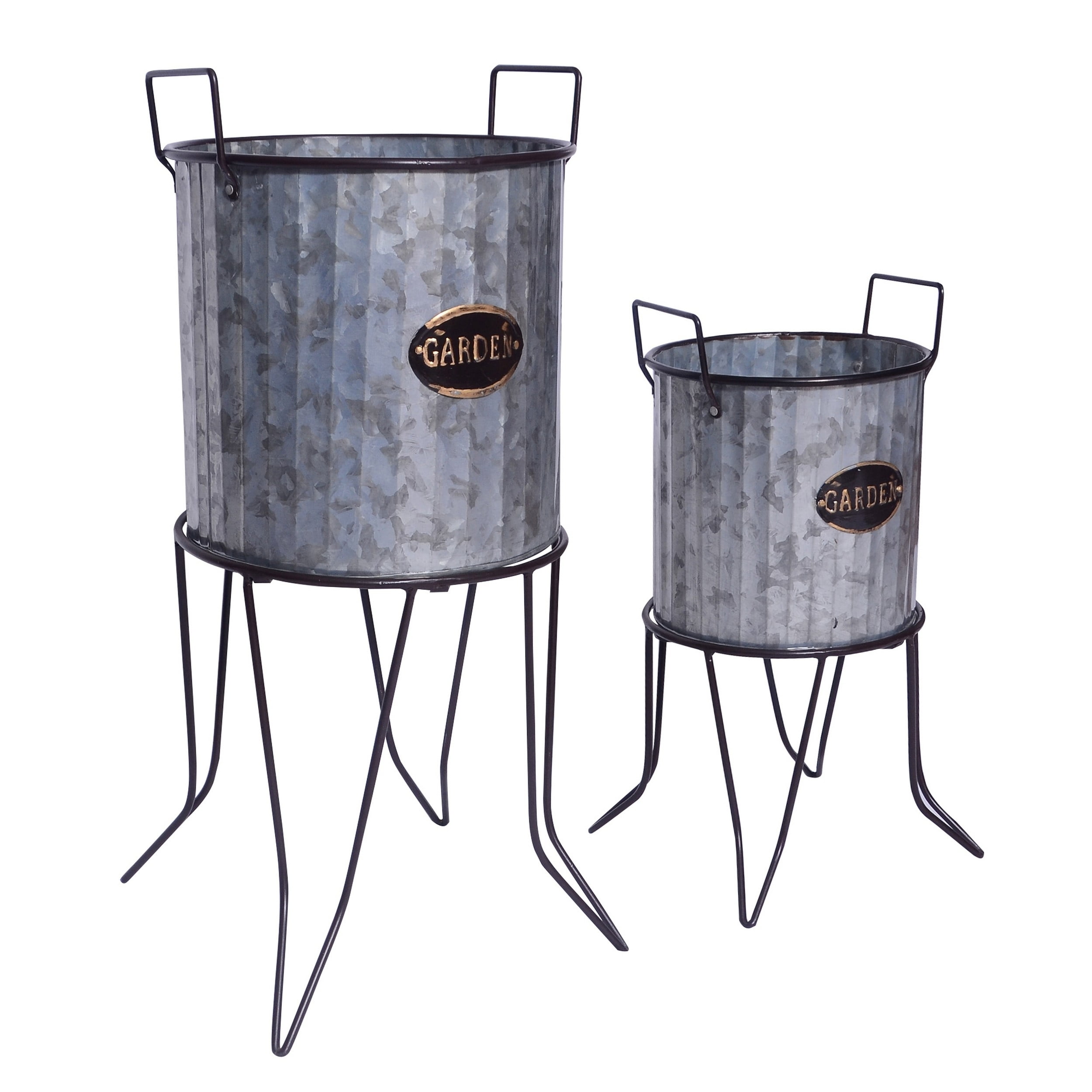 Galvanized Plant Stand with Corrugated Design and Metal Frame, Set of 2 ...