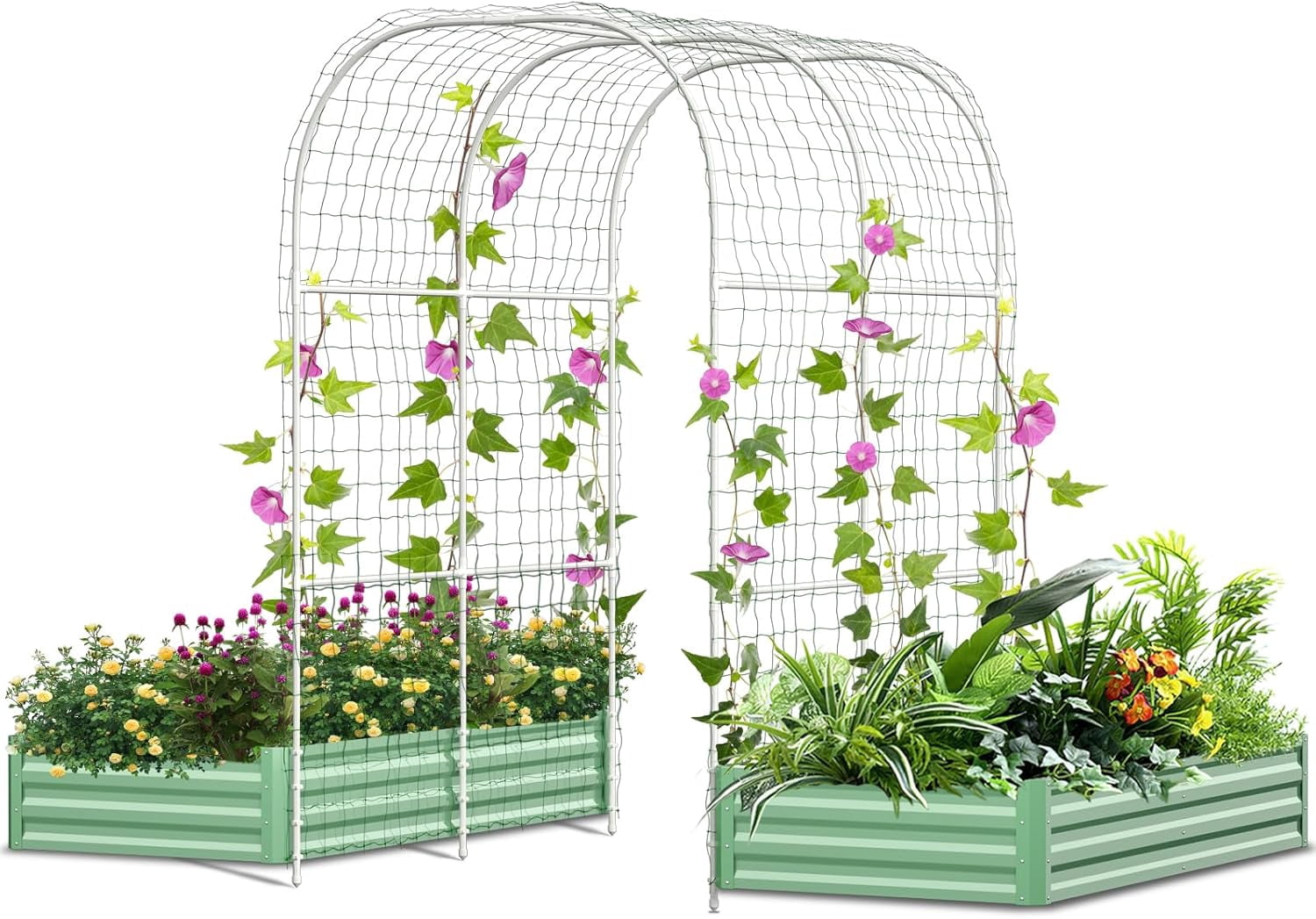 Galvanized Raised Garden Bed with 87" H Arch Trellis, 3 in 1 Outdoor ...