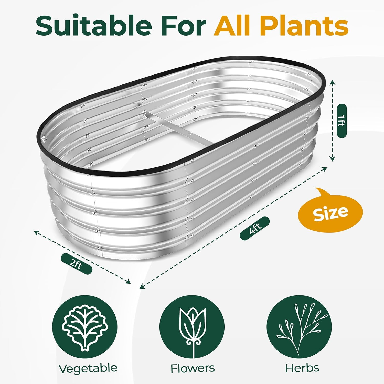 Galvanized Raised Garden Bed Kit 4x2x1ft, Silver, Easy Assembly Metal ...