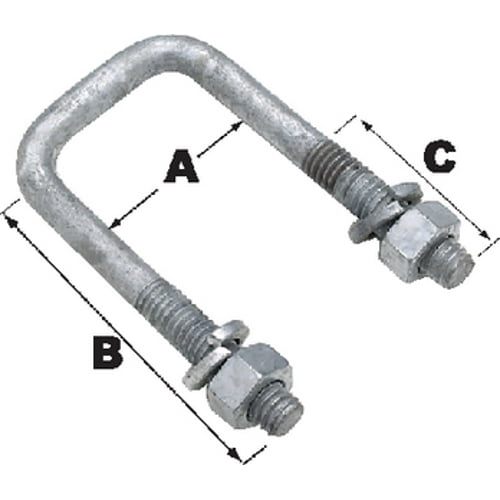 Galvanized Square U-Bolt for Boat Trailers - 1/2" Diameter x 3-1/16" Width x 4-5/16" Length ...