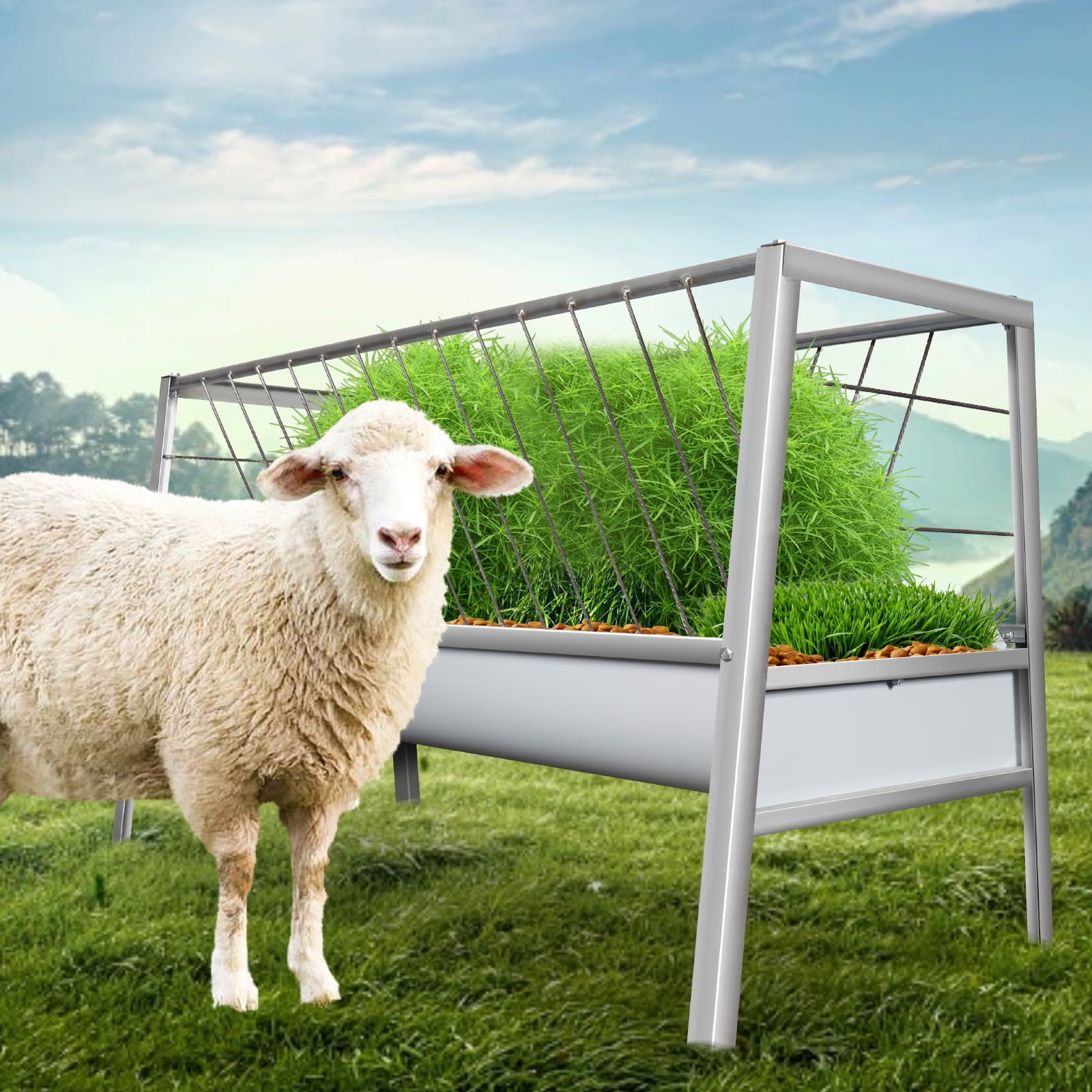 Galvanized Steel 77 Gal Hay Feeder, Spill-Proof 59" Feeding Zone, Goat ...