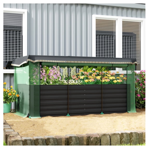 Galvanized Steel Raised Garden Bed with Crop Cage & Shade Cloth - Dark ...
