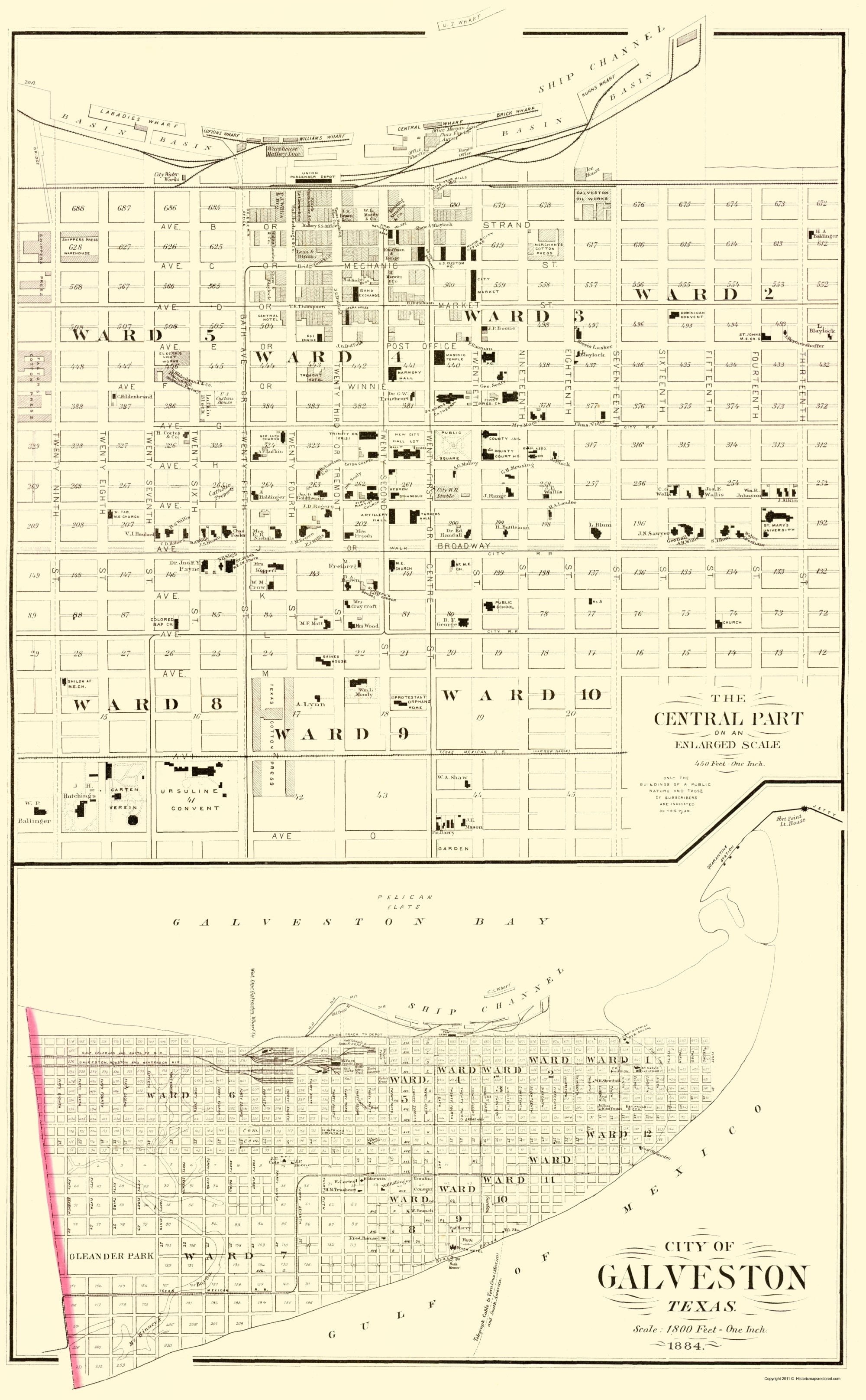 Historic City Map - Galveston Texas - Gray 1884 - 23 x 37.13 - Vintage ...