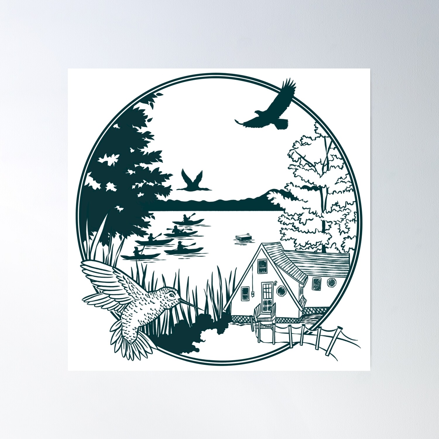 Galway Lake Single Color (Blue/Green) Poster Wall Art, Modern Wall ...