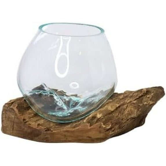 GamalFlow Medium Melted Glass Bowl On Wood Base, Perfect Terrarium or ...